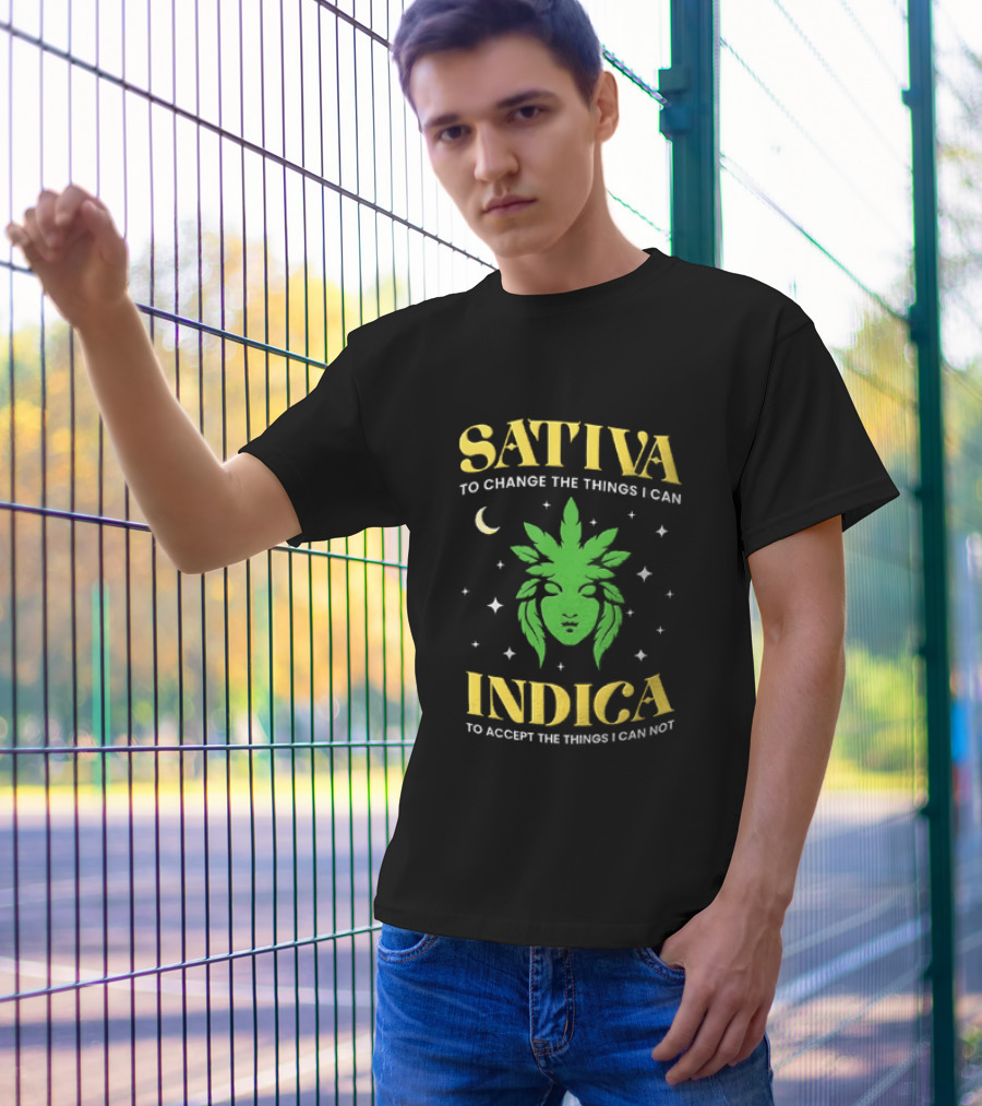 Sativa To Change The Things I Can Indica To Accept The Things I Can Not Moon Stars Cannabis Leaf T-Shirt