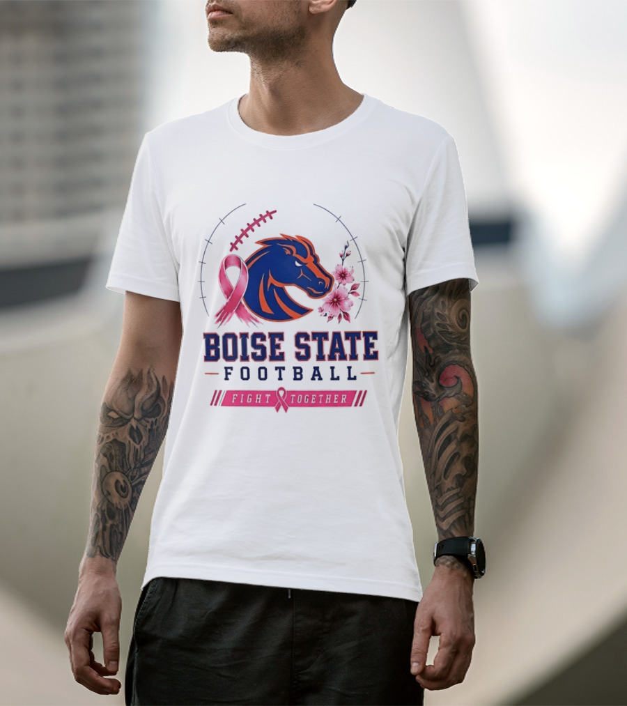 Boise State Broncos Football Fight Together Breast Cancer Awareness Pink Ribbon Flowers T-Shirt