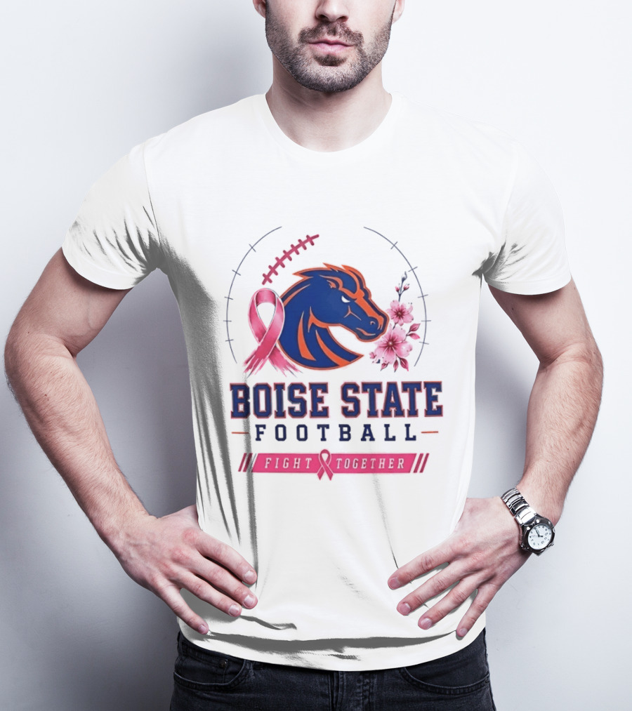 Boise State Broncos Football Fight Together Breast Cancer Awareness Pink Ribbon Flowers T-Shirt