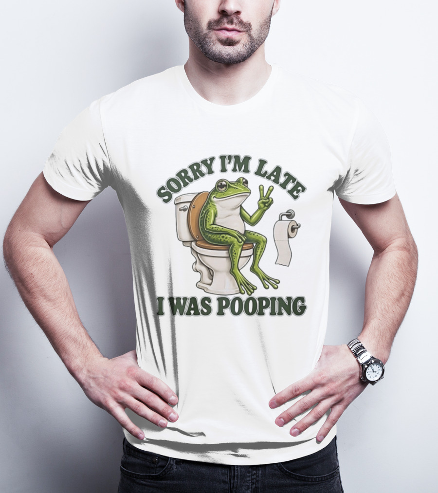 Sorry I'm Late I Was Pooping Frog On Toilet Peace Gesture T-Shirt