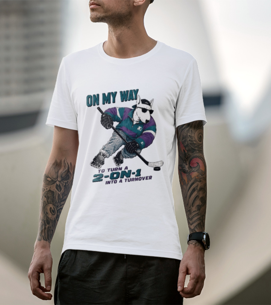 On My Way To Turn A 2 On 1 Into A Turnover Cartoon Bull Terrier Rollerblading Hockey Puck T-Shirt