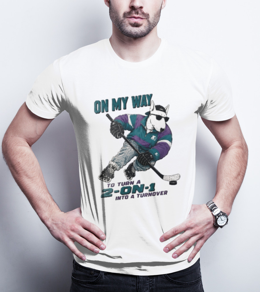On My Way To Turn A 2 On 1 Into A Turnover Cartoon Bull Terrier Rollerblading Hockey Puck T-Shirt
