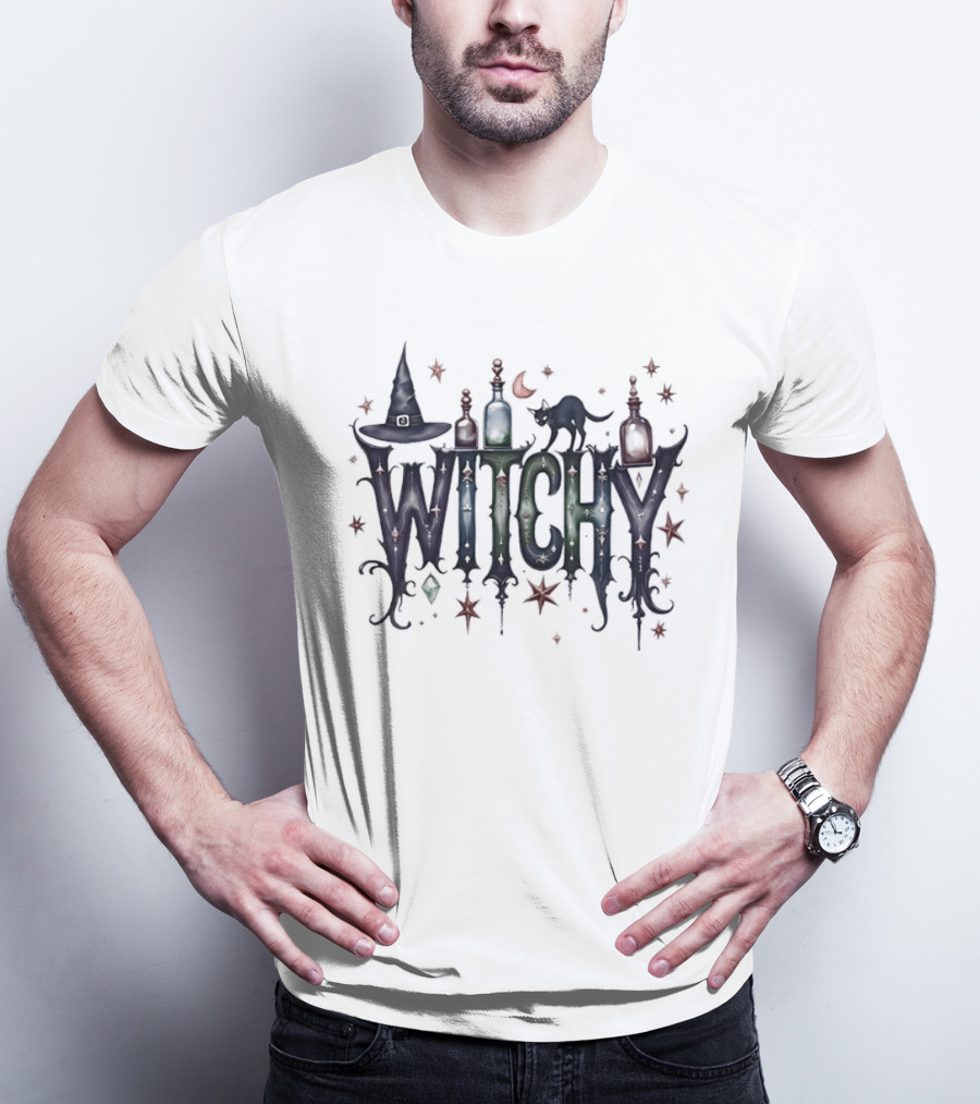 Witchy Halloween Magic With Potion Bottles Cat And Stars T-Shirt