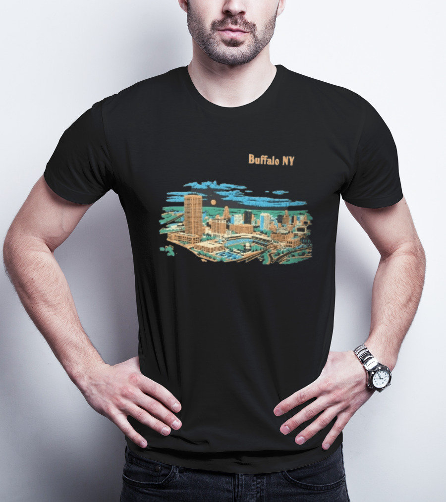 Buffalo NY Skyline Cityscape Illustration With Moonlit Clouds T-Shirt