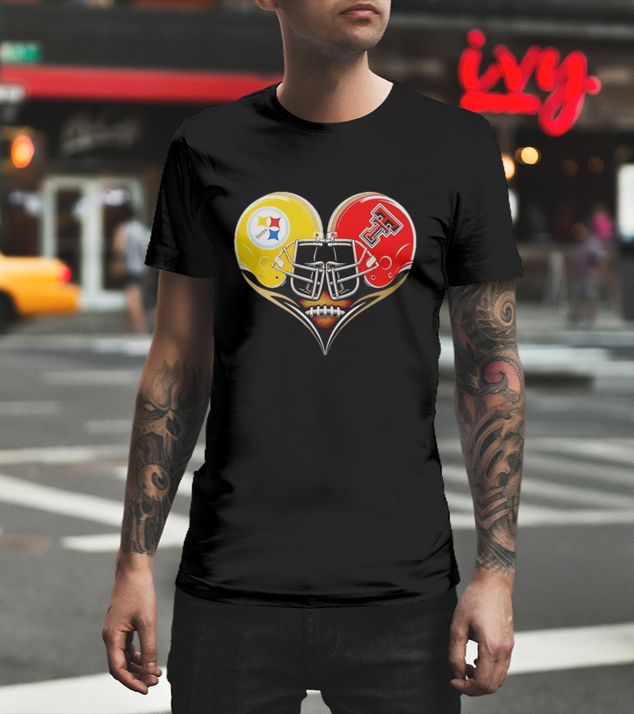 Pittsburgh Steelers Texas Tech Red Raiders Football Helmets Heart T-Shirt