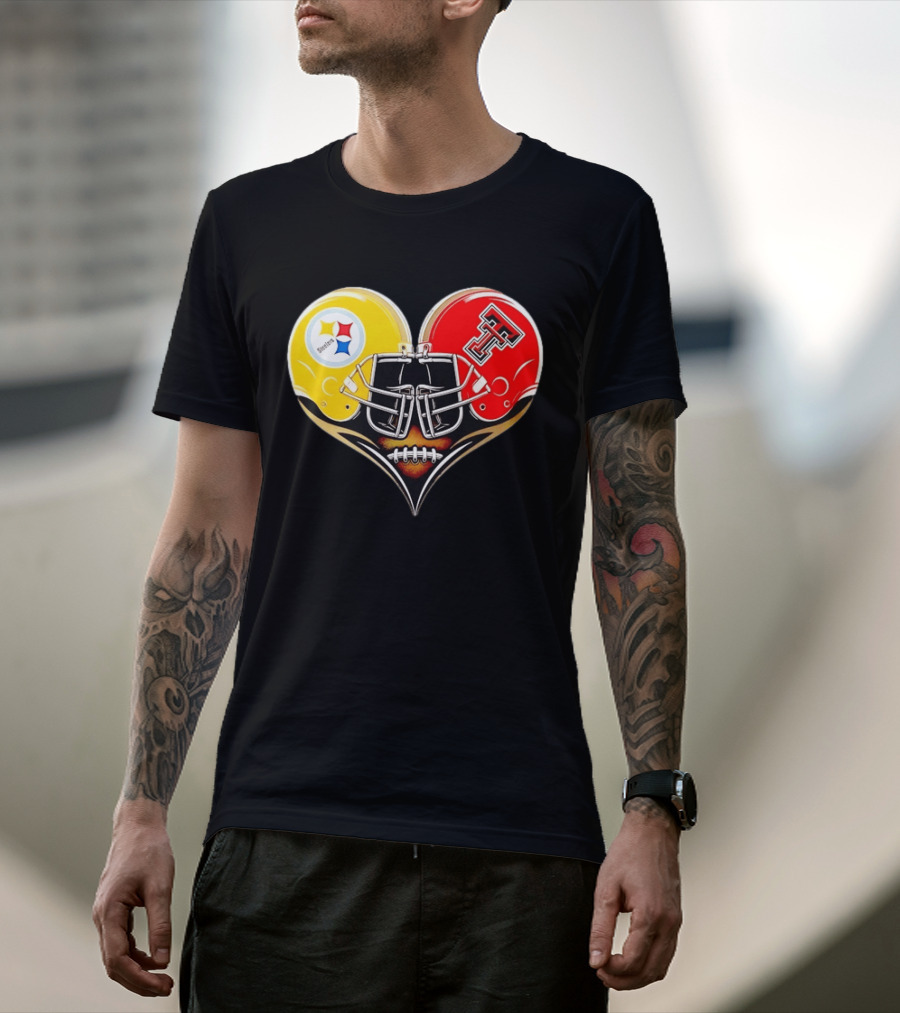 Pittsburgh Steelers Texas Tech Red Raiders Football Helmets Heart T-Shirt