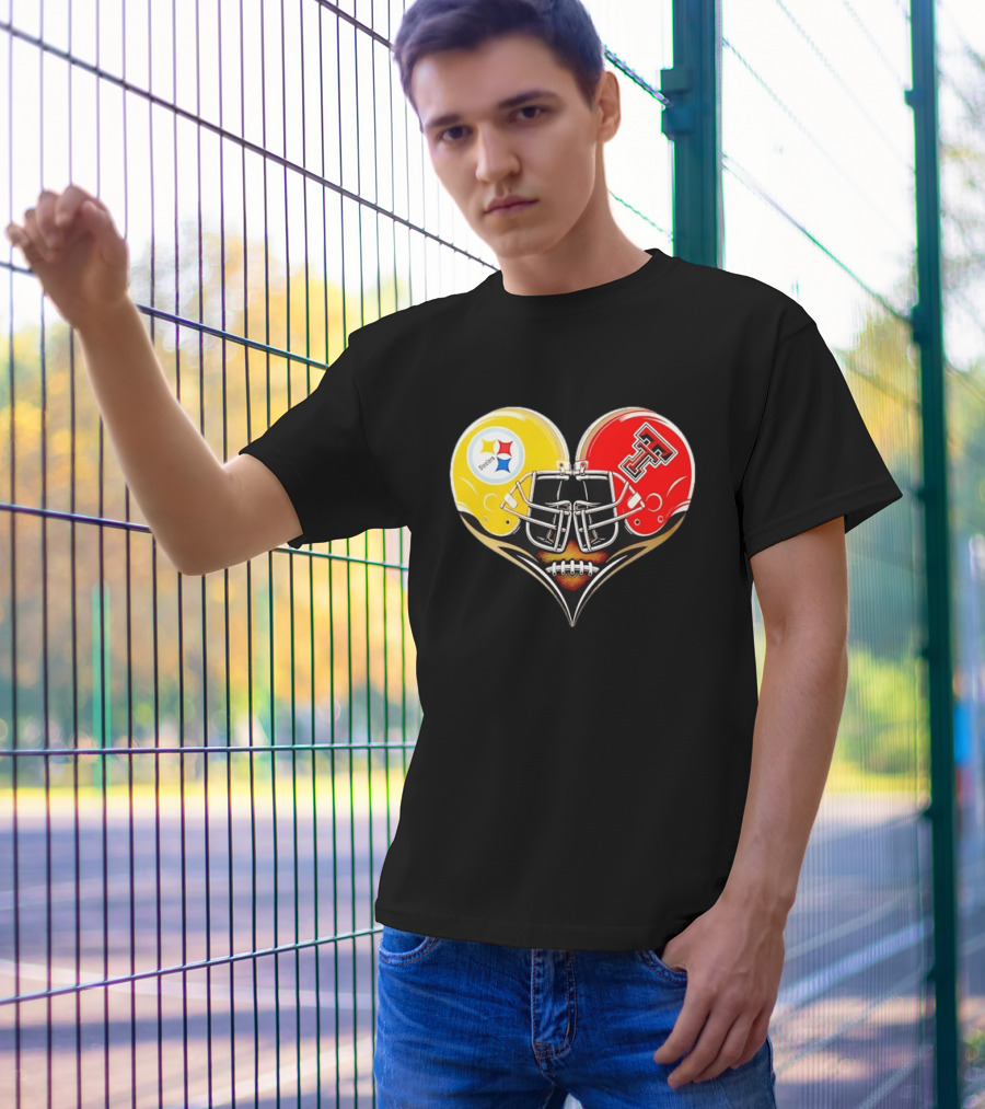 Pittsburgh Steelers Texas Tech Red Raiders Football Helmets Heart T-Shirt
