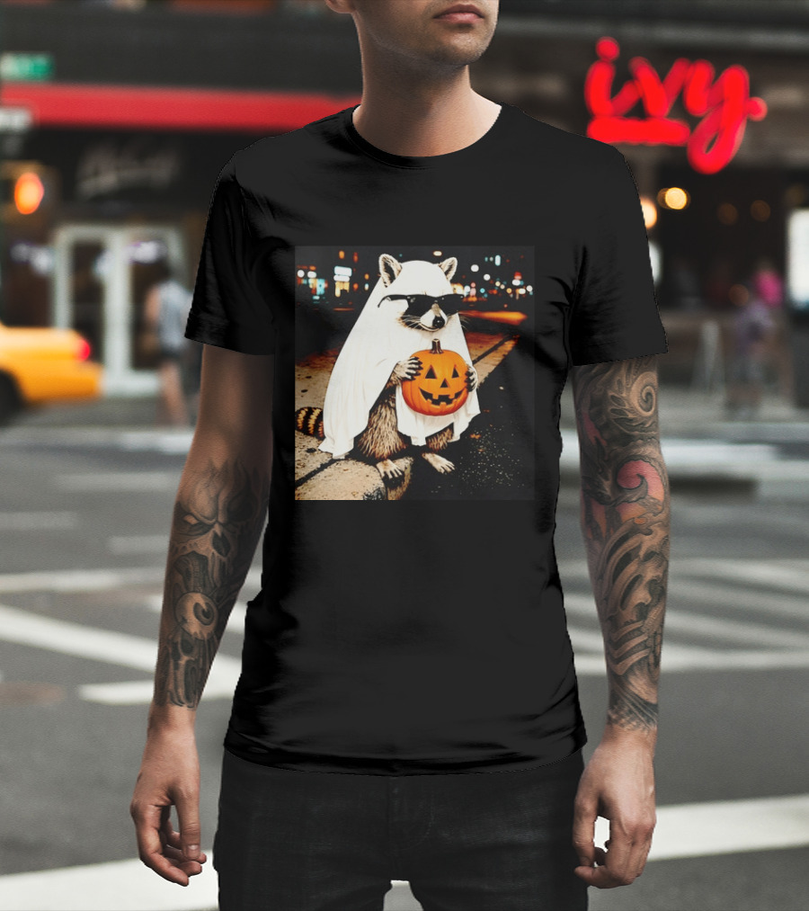 Raccoon Ghost Sunglasses Pumpkin Halloween Street Scene T-Shirt