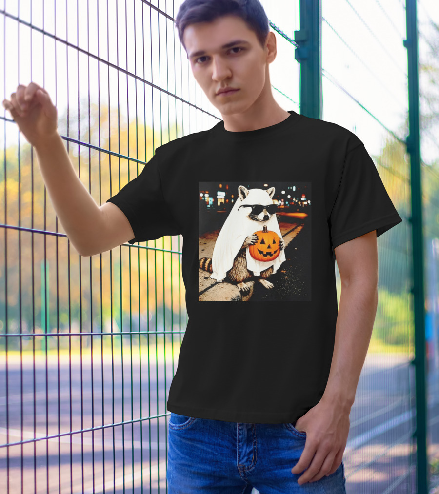 Raccoon Ghost Sunglasses Pumpkin Halloween Street Scene T-Shirt