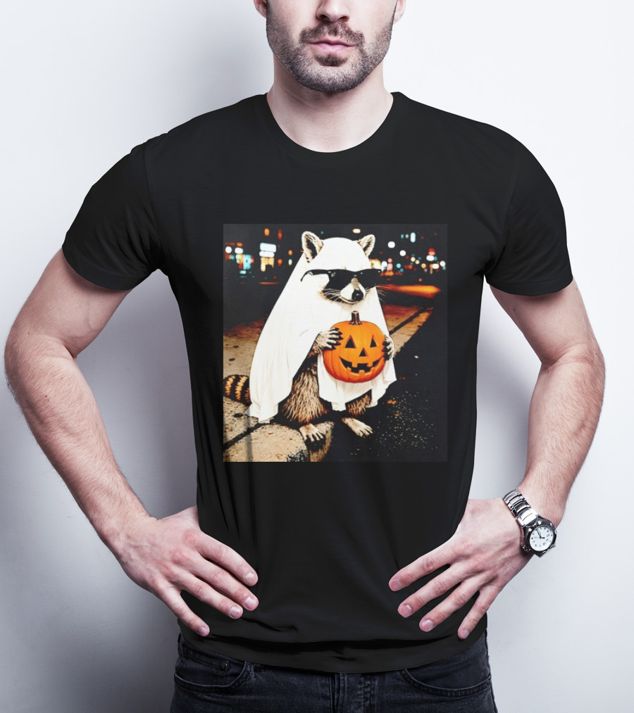 Raccoon Ghost Sunglasses Pumpkin Halloween Street Scene T-Shirt