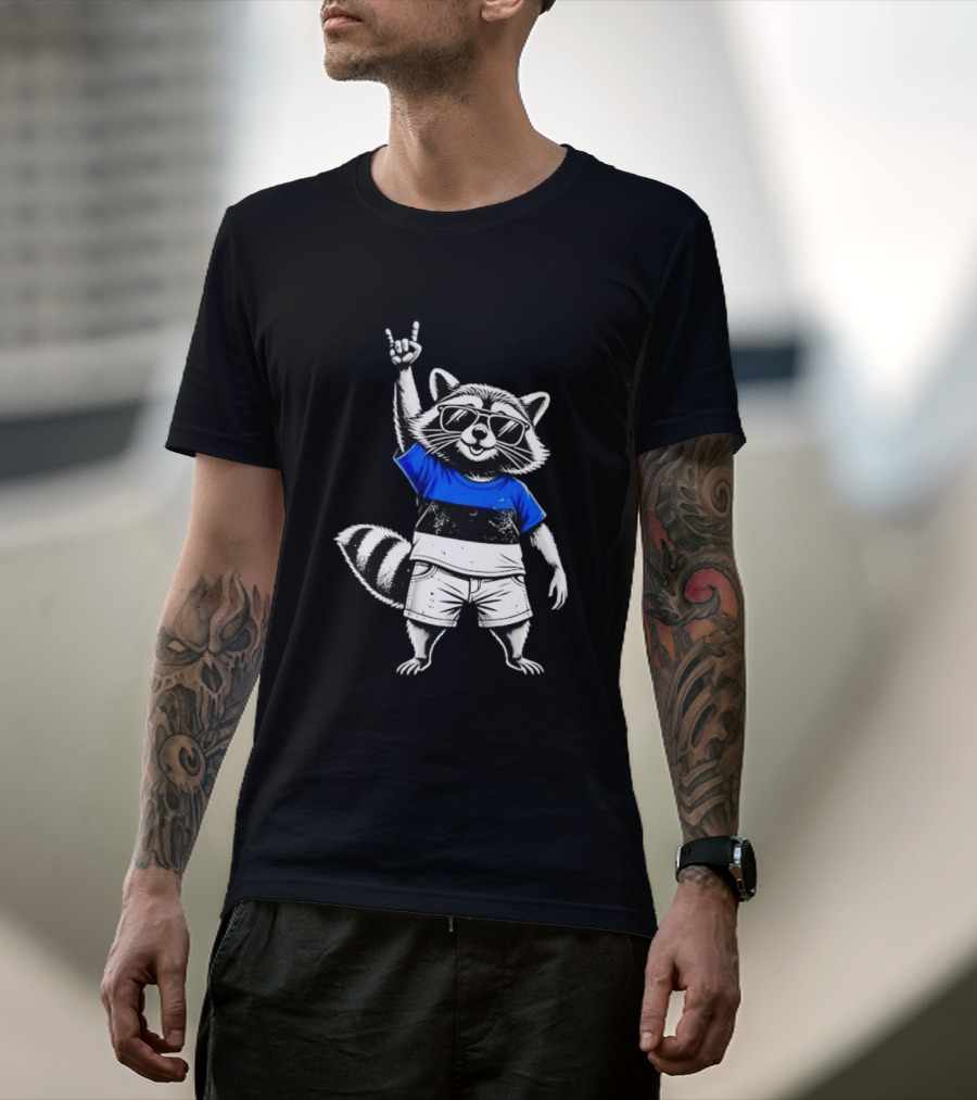 Rocking Raccoon Estonia Flag Style With Sunglasses And Hand Gesture T-Shirt
