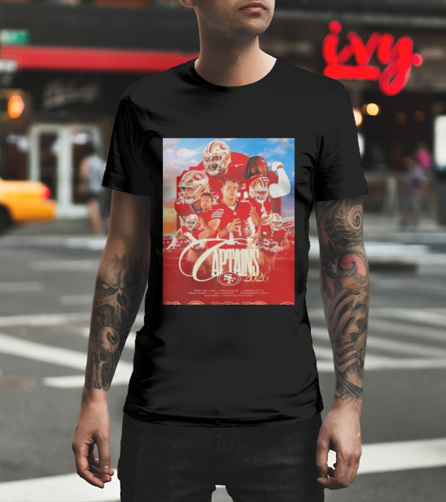 San Francisco 49ers 2026 Captains Trent Williams Fred Warner George Kittle Nick Bosa Brock Purdy Deebo Samuel Christian McCaffrey T-Shirt