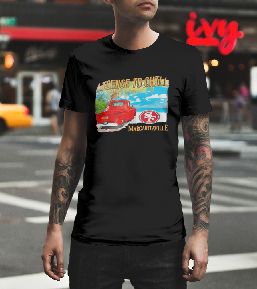 San Francisco 49ers License To Chill Margaritaville Beach Scene Vintage Truck T-Shirt