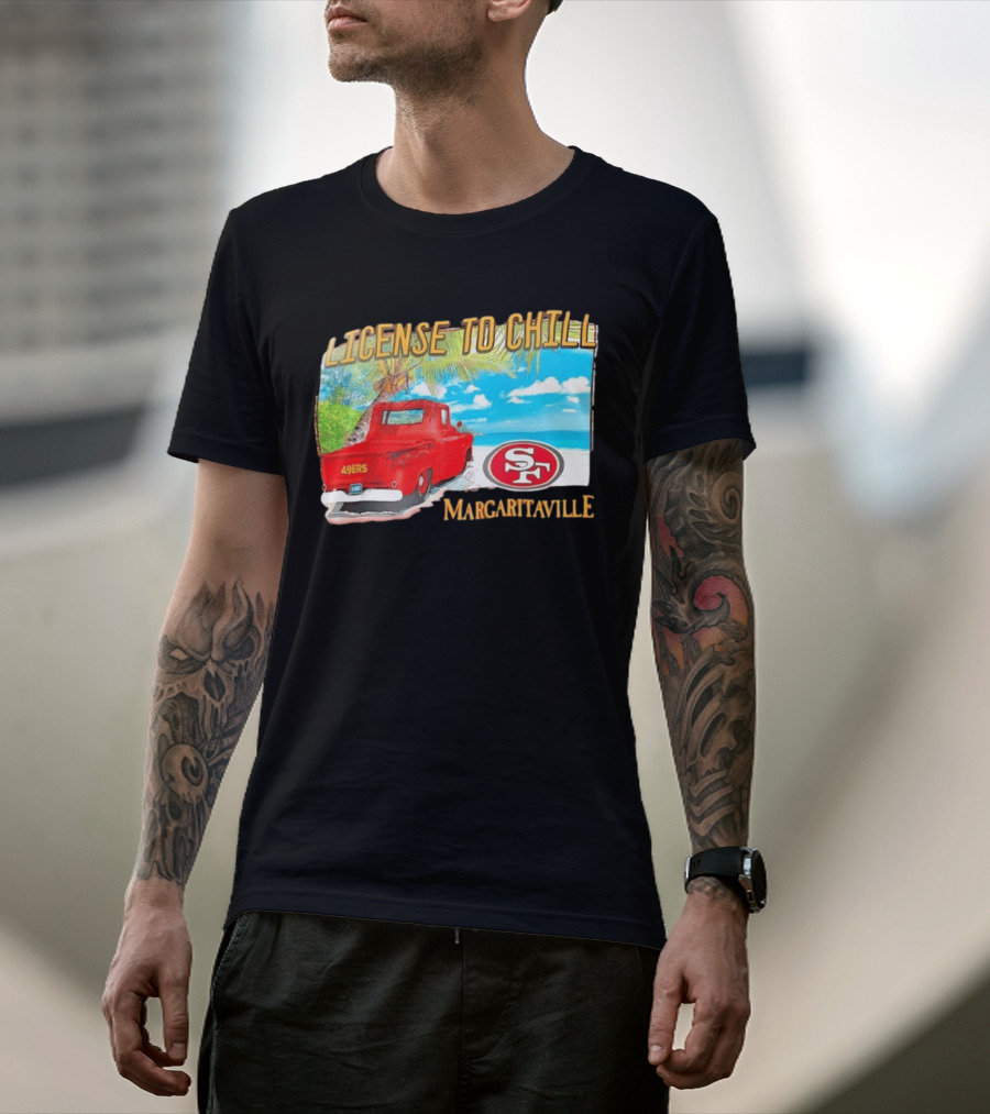 San Francisco 49ers License To Chill Margaritaville Beach Scene Vintage Truck T-Shirt