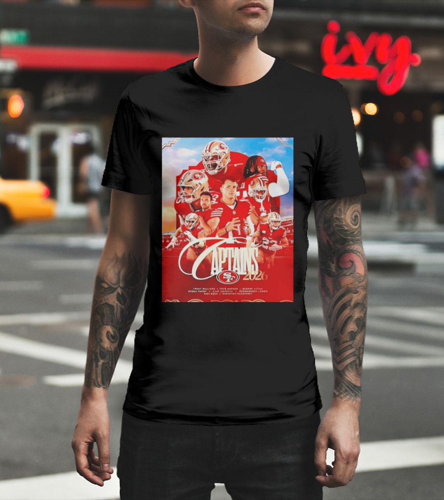 SF 49ers 2026 Captains Williams Warner Kittle Purdy Bosa McCaffrey Juszczyk T-Shirt