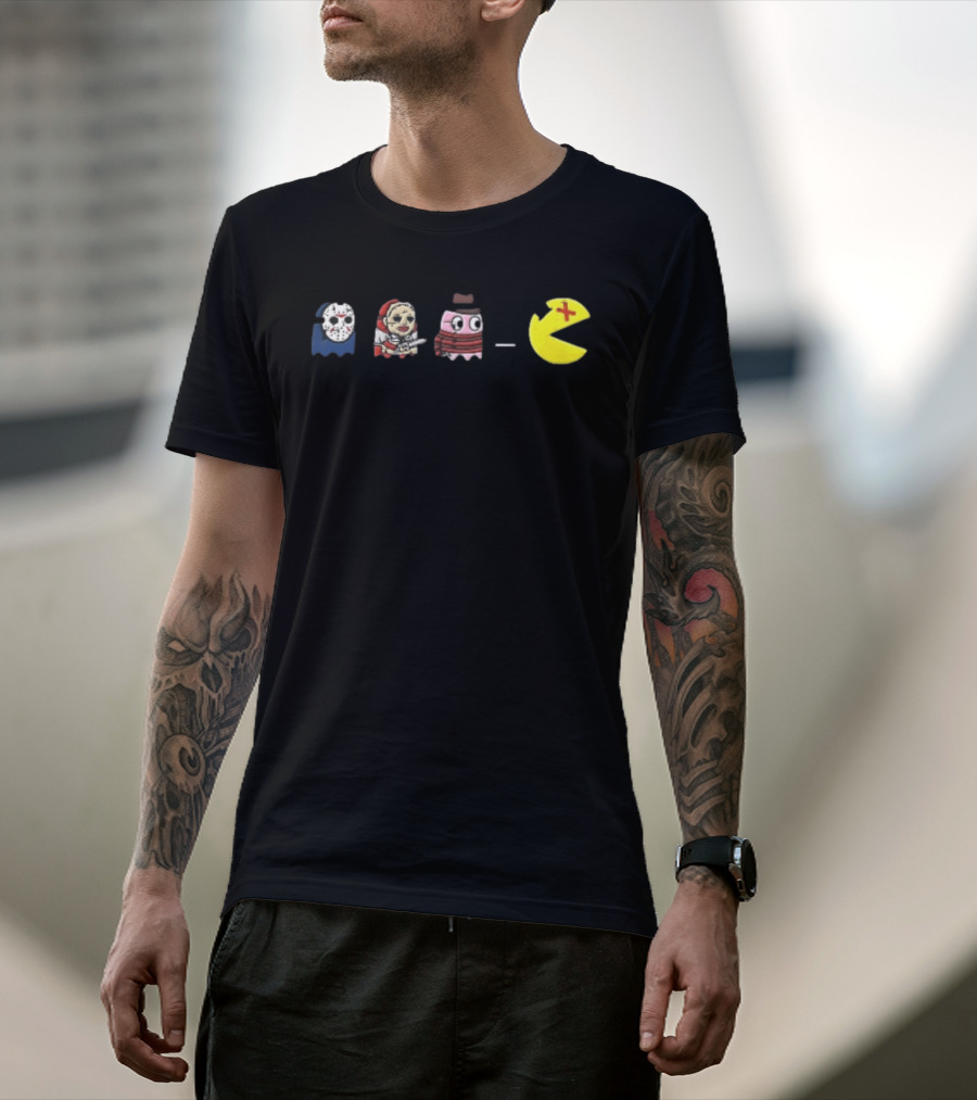 Horror Movie Ghosts Jason Freddy Chasing Stabbed Pac Man T-Shirt