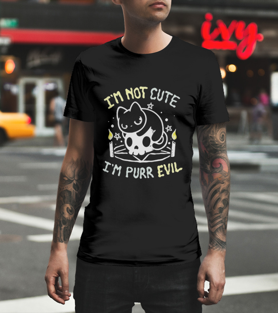 I'm Not Cute I'm Purr Evil Cat On Skull With Pentagram And Candles T-Shirt