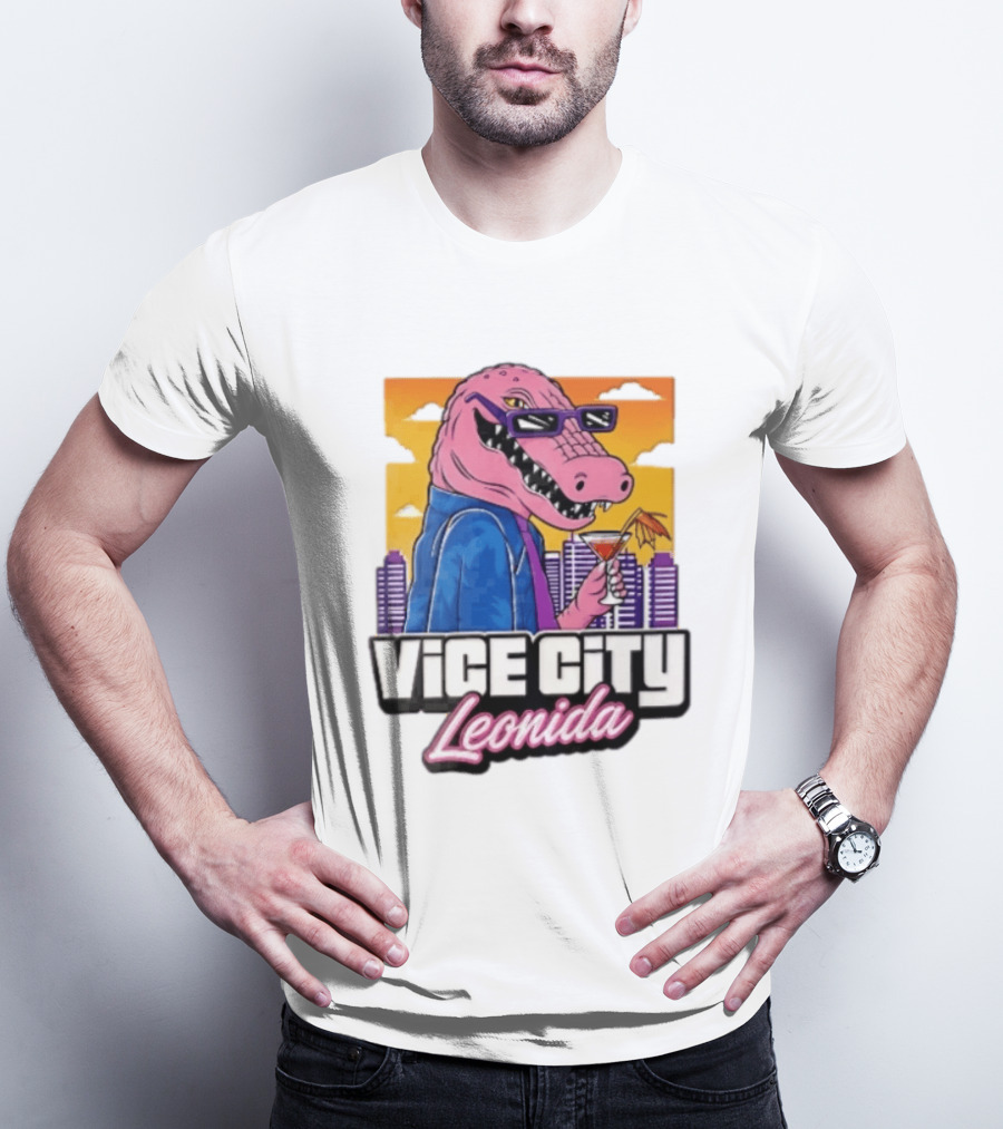 Vice City Leonida Pink Alligator Sunglasses Cocktail Cityscape T-Shirt