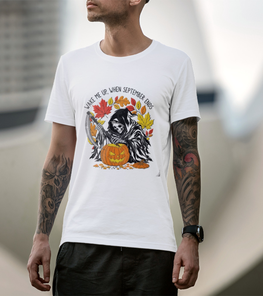 Wake Me Up When September Ends Grim Reaper Carving Jack O Lantern Autumn Leaves T-Shirt