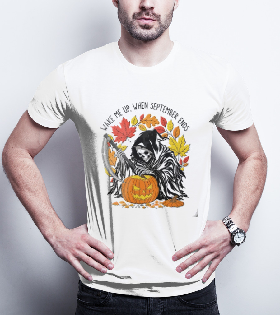 Wake Me Up When September Ends Grim Reaper Carving Jack O Lantern Autumn Leaves T-Shirt