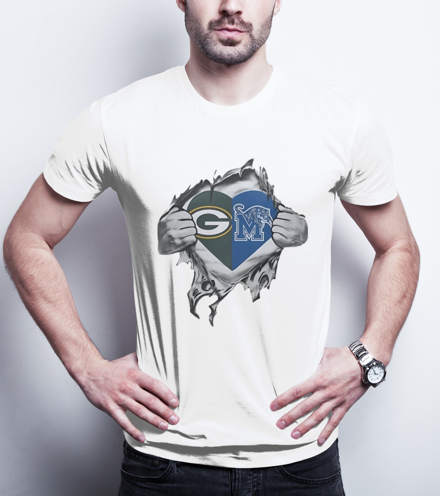 Green Bay Packers Memphis Tigers Heart Symbol Fusion T-Shirt