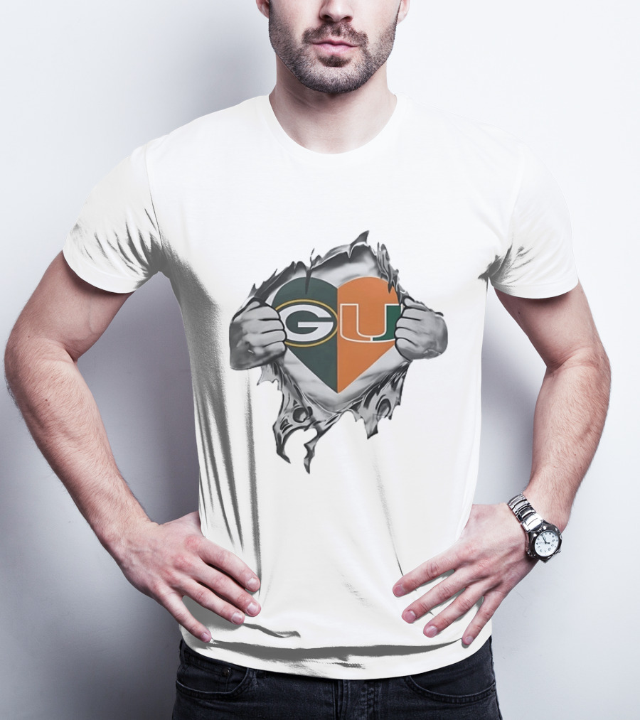 Green Bay Packers Miami Hurricanes Heart G U Logo Tear T-Shirt