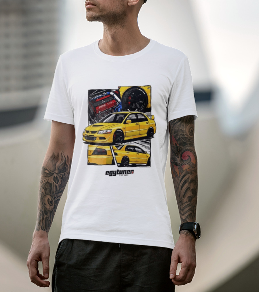 Mitsubishi Egytuner Est 2003 Yellow Lancer Evolution Engine Wheel Panels T-Shirt