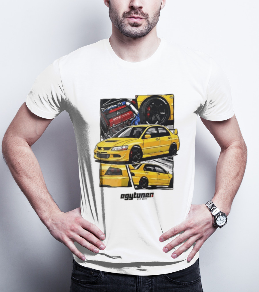 Mitsubishi Egytuner Est 2003 Yellow Lancer Evolution Engine Wheel Panels T-Shirt