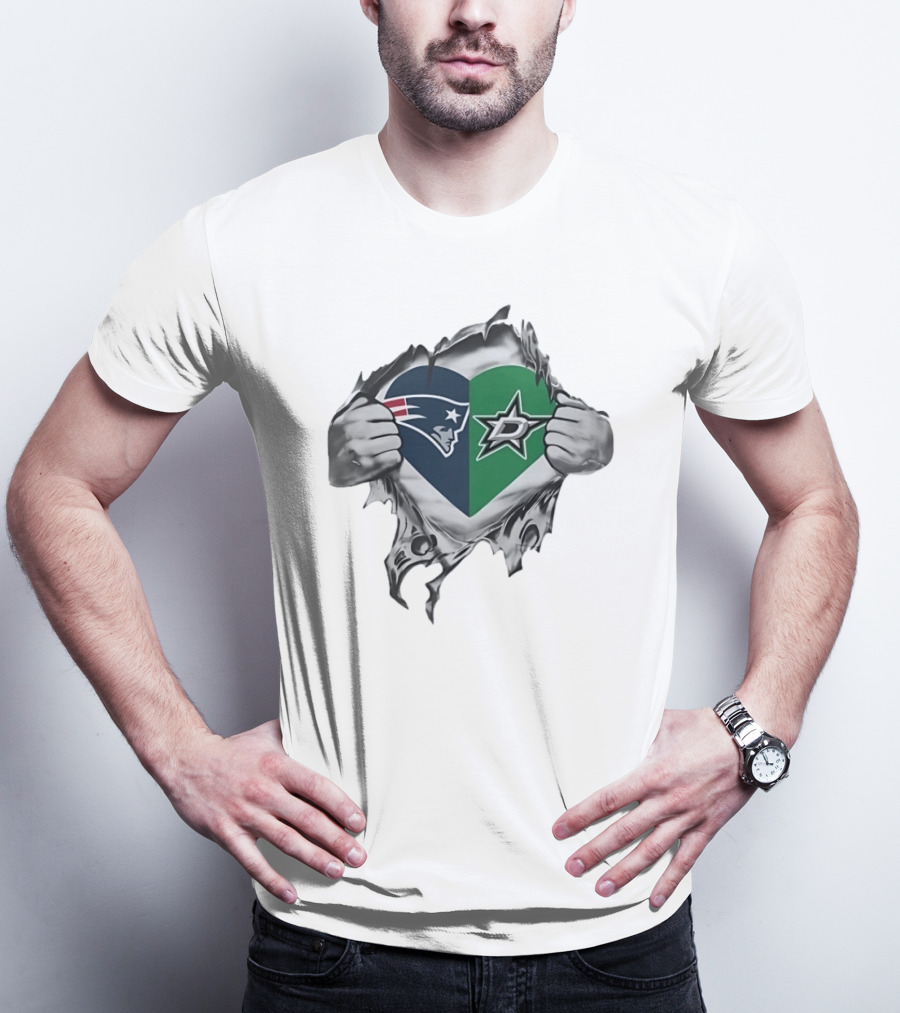 New England Patriots Dallas Stars Heart Split Design Fans T-Shirt
