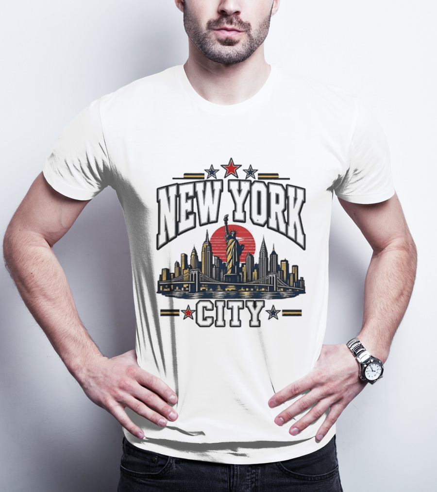 New York City Statue Of Liberty Skyline Red Sun Star Accents T-Shirt
