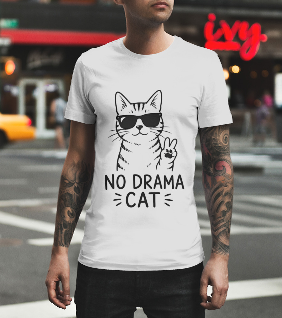 No Drama Cat Sunglasses Peace Sign T-Shirt