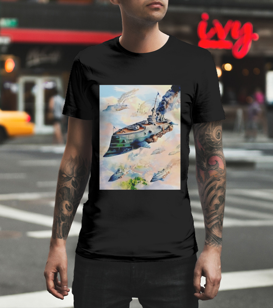 Steampunk Flying Battleship Armada Soaring Through The Clouds T-Shirt
