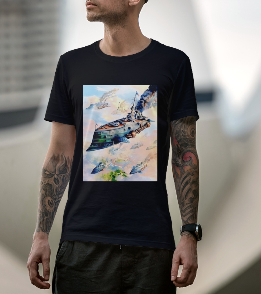 Steampunk Flying Battleship Armada Soaring Through The Clouds T-Shirt