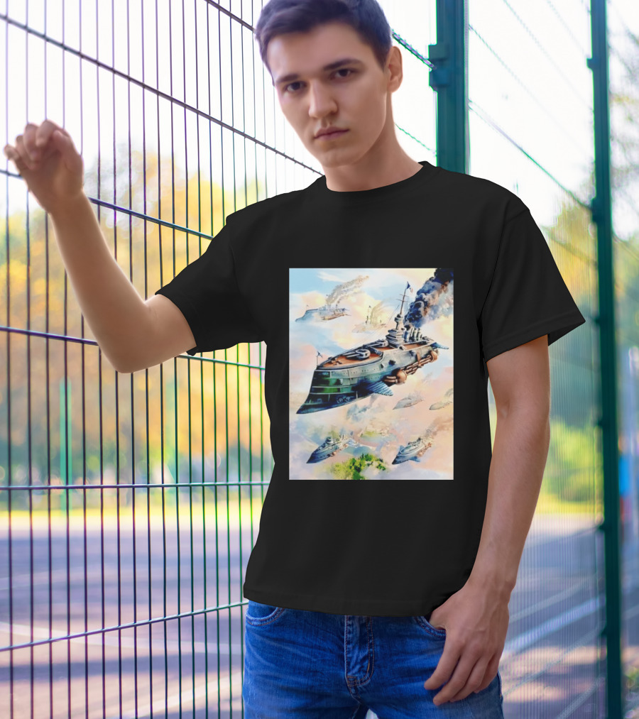 Steampunk Flying Battleship Armada Soaring Through The Clouds T-Shirt