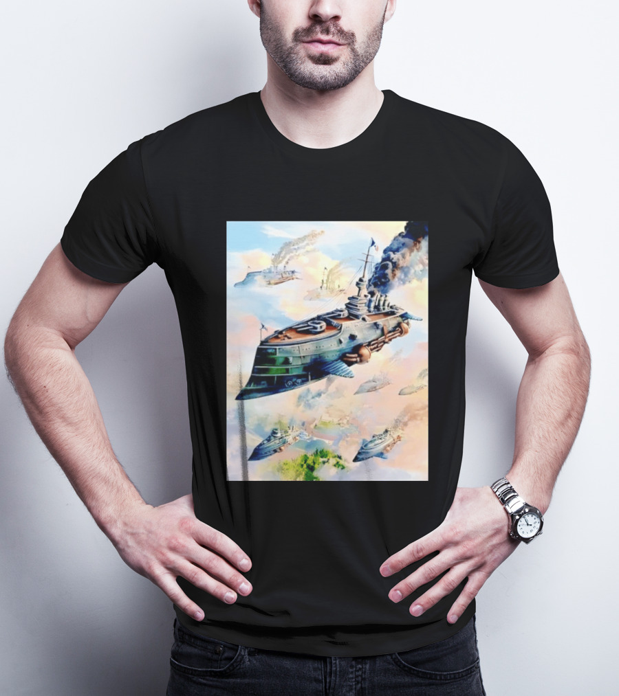 Steampunk Flying Battleship Armada Soaring Through The Clouds T-Shirt