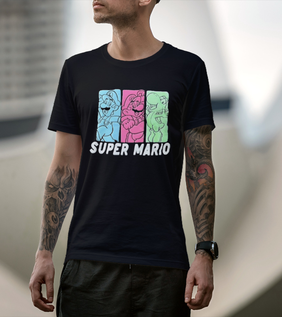 Super Mario Luigi Yoshi Characters Colorful Panels T-Shirt