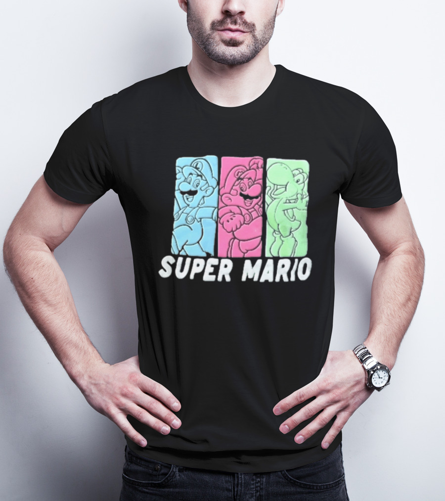 Super Mario Luigi Yoshi Characters Colorful Panels T-Shirt