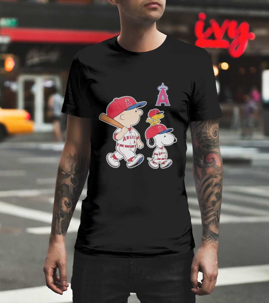 Charlie Brown Snoopy Woodstock Los Angeles Angels Baseball Team T-Shirt
