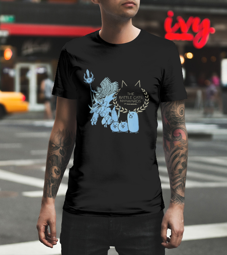 The Battle Cats Nyawards 11th Anniversary Characters Laurel Wreath Line T-Shirt