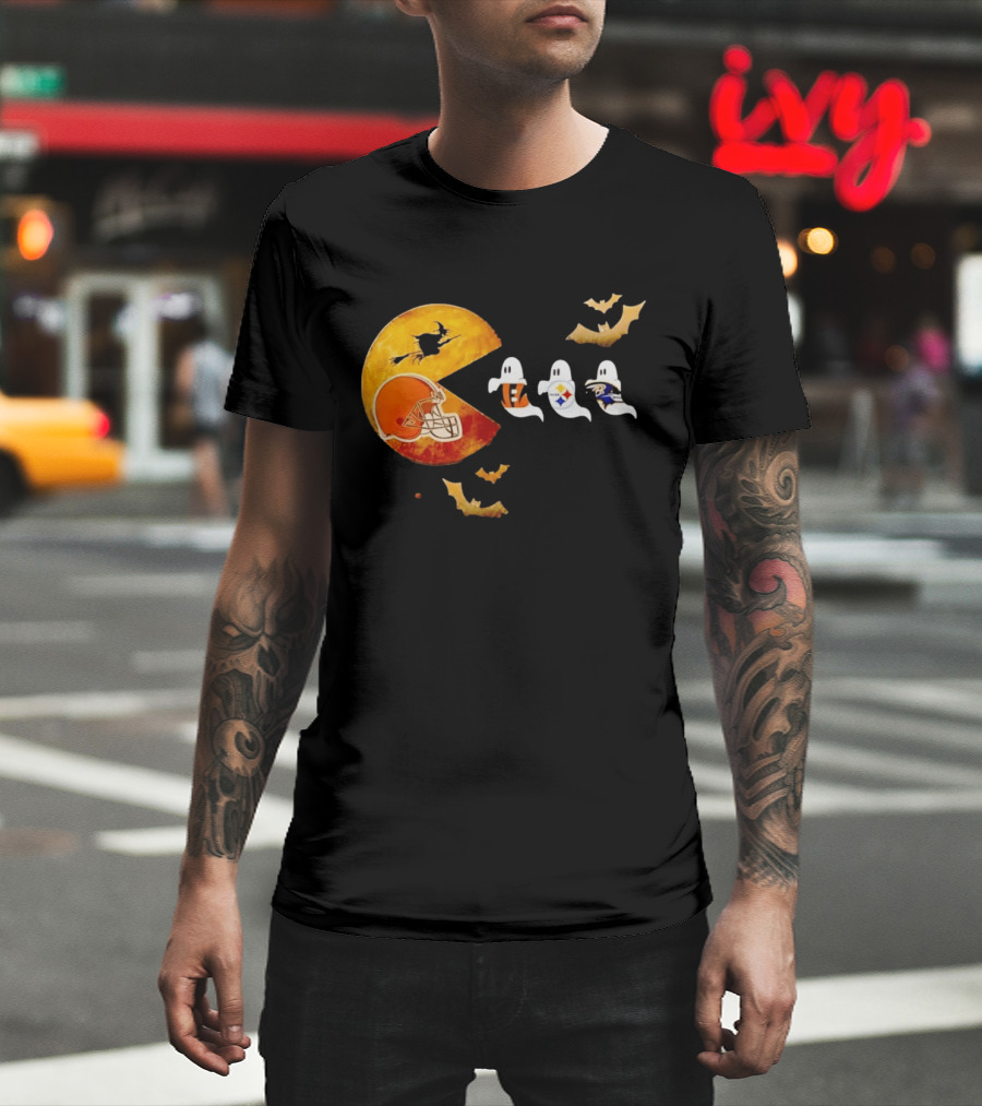 Cleveland Browns Pac Man Vs Bengals Steelers Ravens Halloween Battle T-Shirt