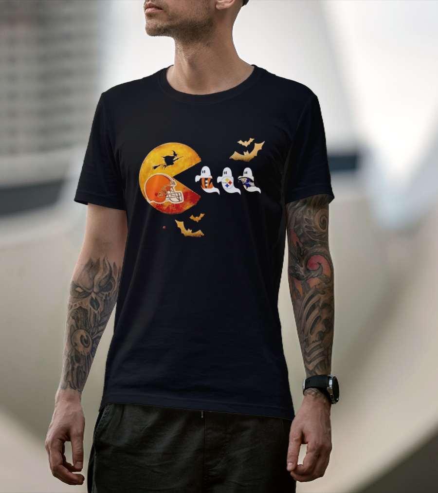 Cleveland Browns Pac Man Vs Bengals Steelers Ravens Halloween Battle T-Shirt