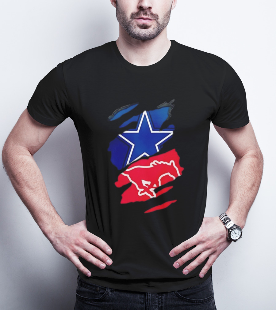 Dallas Cowboys Star And SMU Mustangs Red Ripped Effect T-Shirt