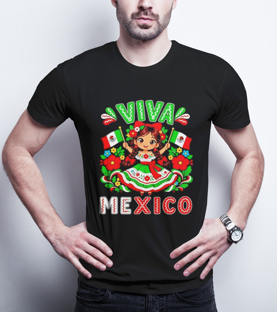 Viva Mexico Traditional Dress Girl With Flags Mexican Celebration T-Shirt