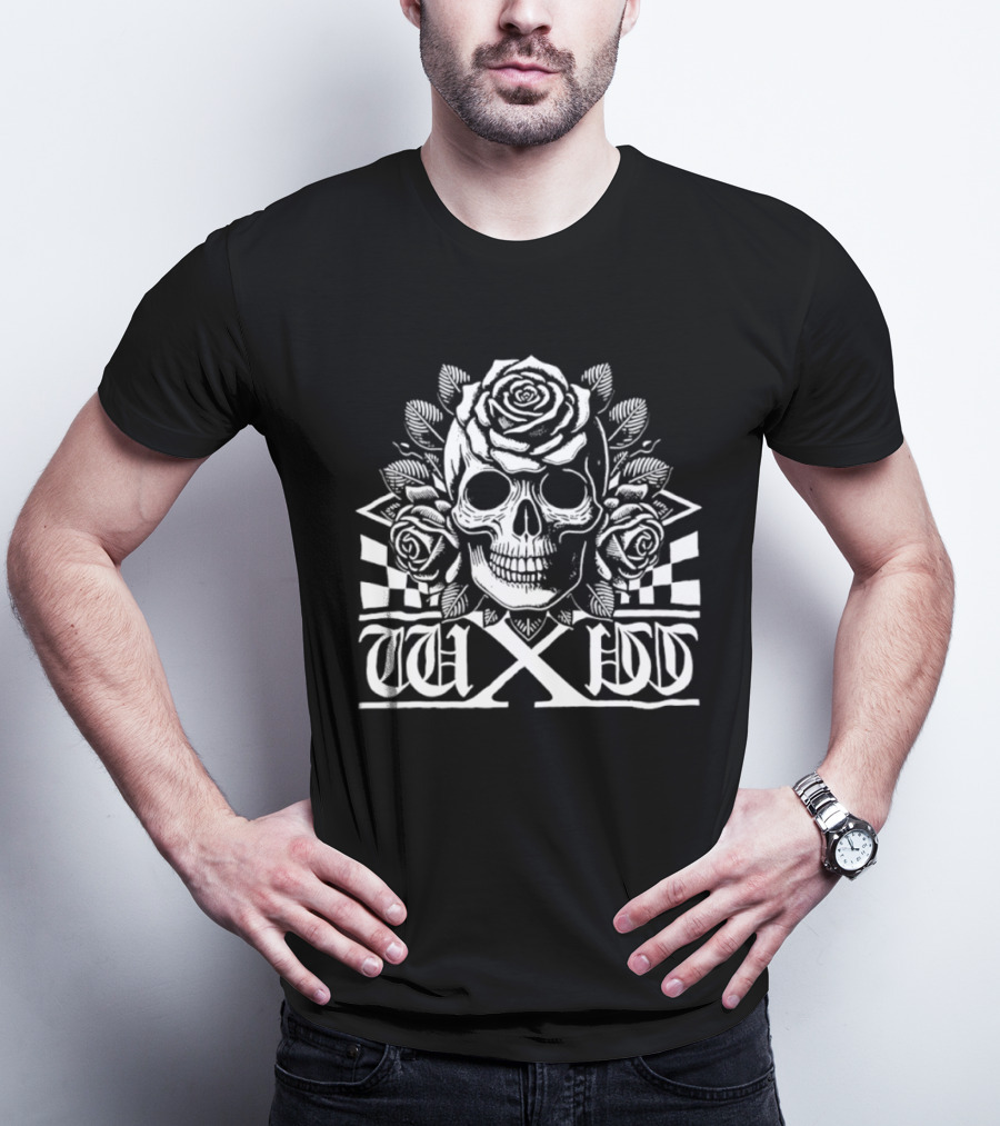 W X W Skull Roses Checkered Goth T-Shirt