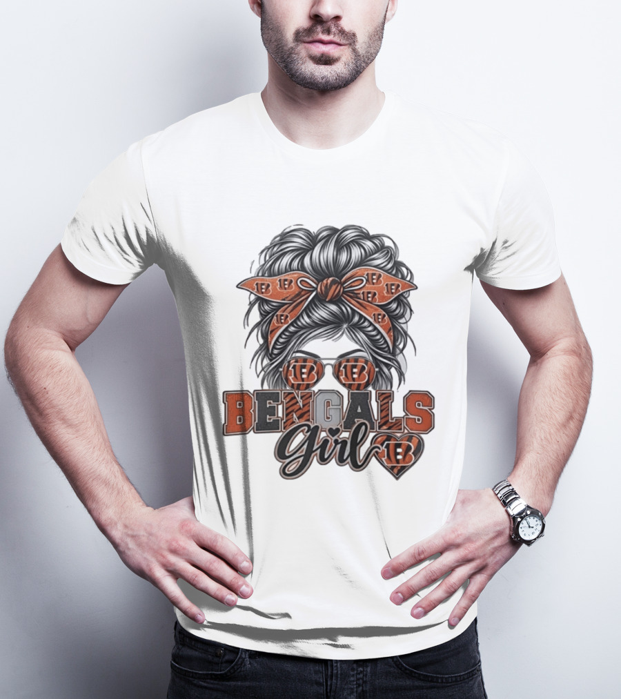 Bengals Girl Messy Bun Fan With Glasses And Bow T-Shirt