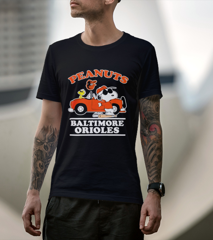 Peanuts Snoopy And Woodstock Driving Baltimore Orioles Car T-Shirt