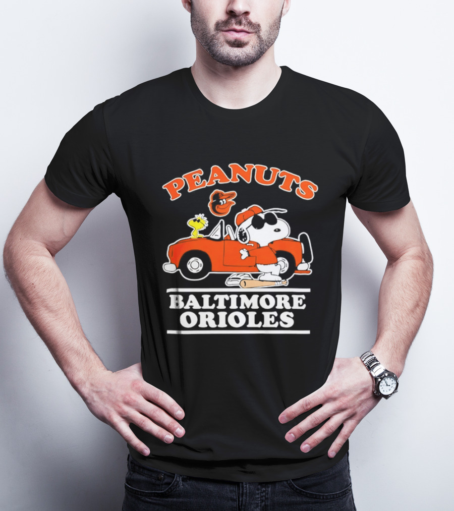 Peanuts Snoopy And Woodstock Driving Baltimore Orioles Car T-Shirt