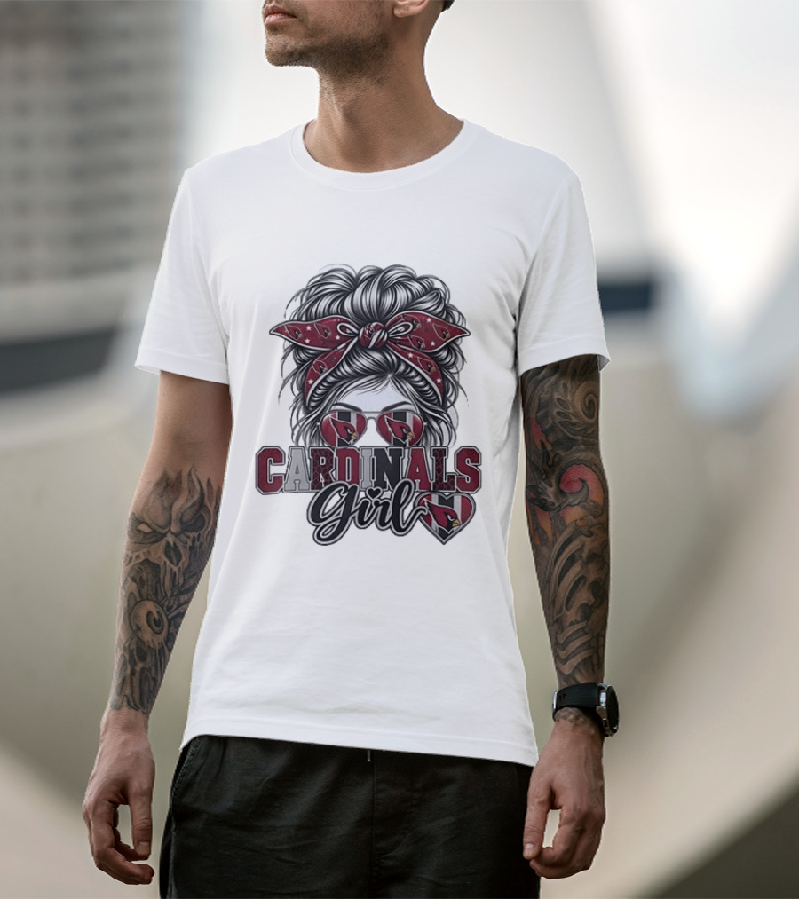 Cardinals Girl Messy Bun Bandana Sunglasses Football T-Shirt