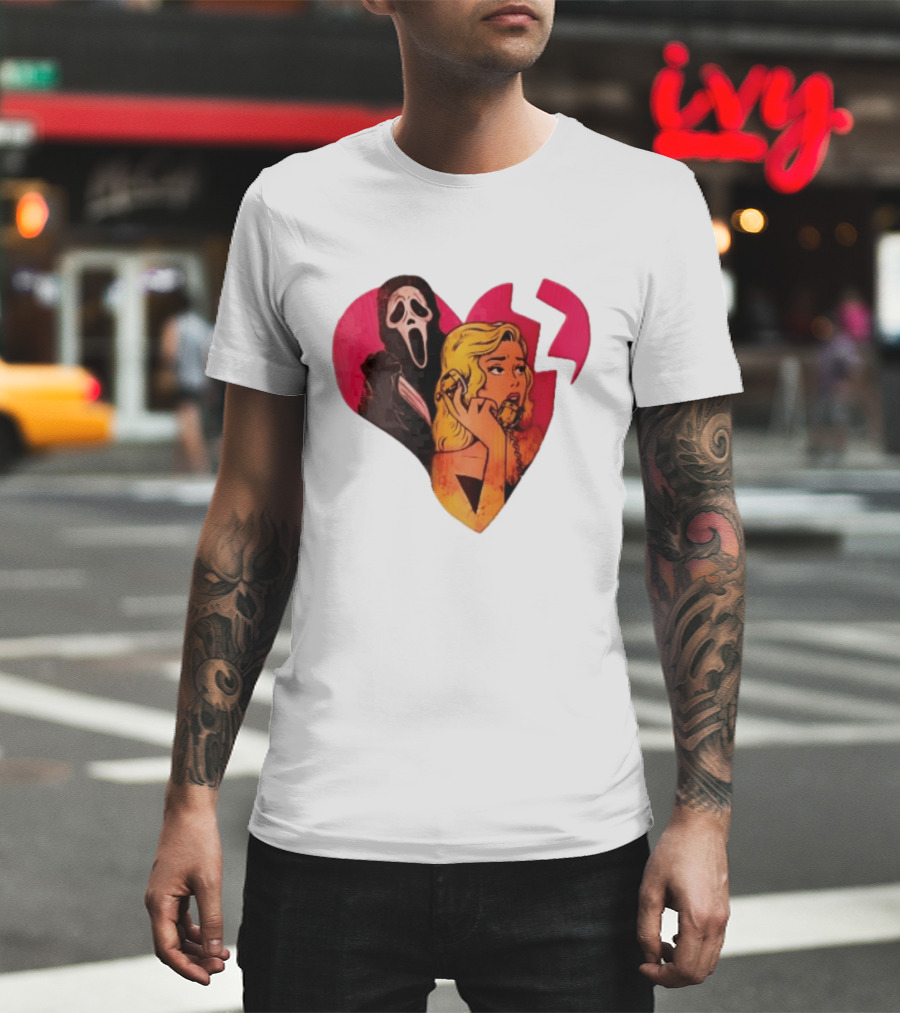 Cartoon Blonde Woman Ghostface Broken Pink Heart Knife Phone T-Shirt