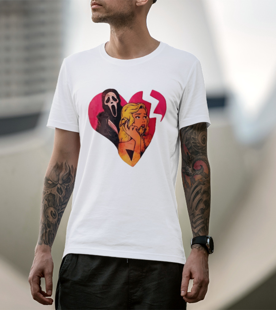 Cartoon Blonde Woman Ghostface Broken Pink Heart Knife Phone T-Shirt